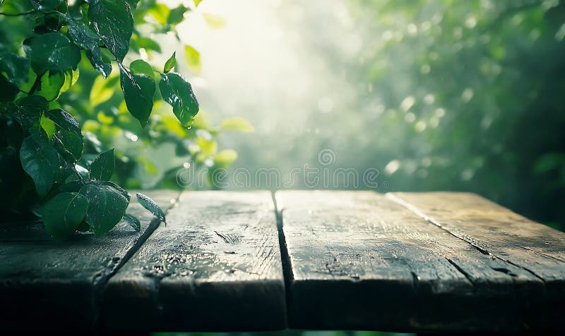 Rustic Old Wooden Table with Blurred Forest Background for Product ...