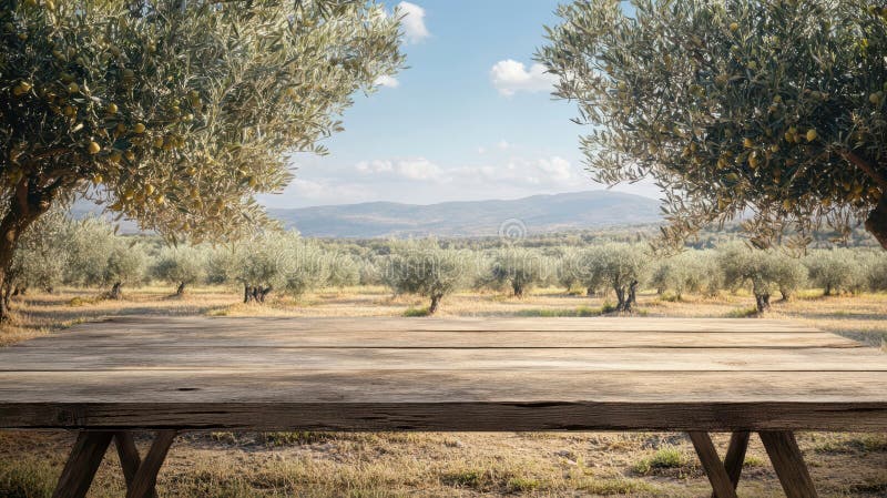 Rustic Olive Field Background with Wooden Table for Product Display ...