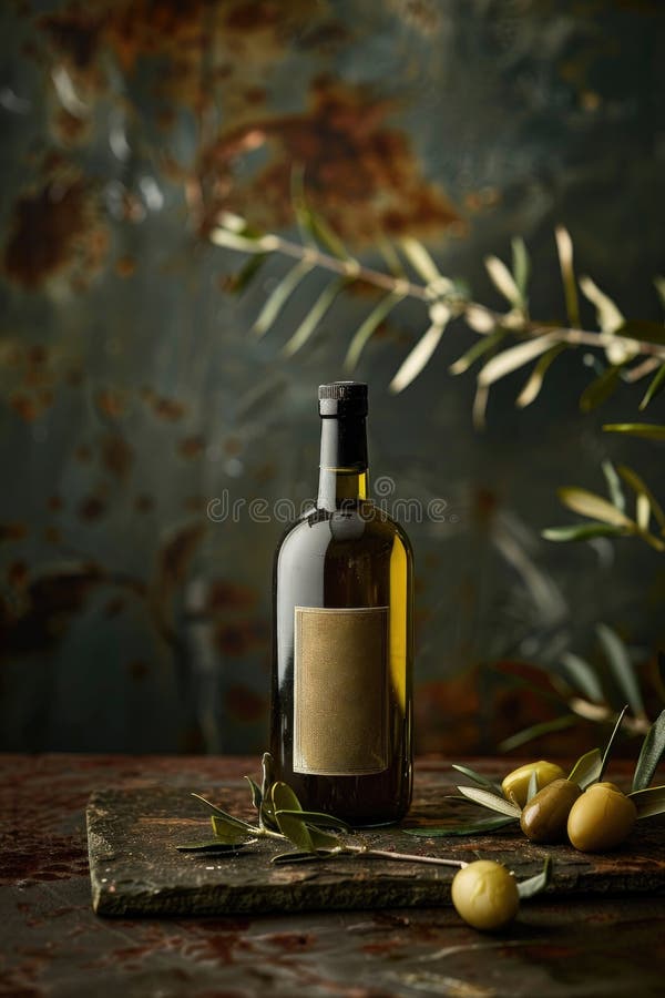 Rustic Olive Oil Bottle with Olive Branch on Dark Textured Background ...