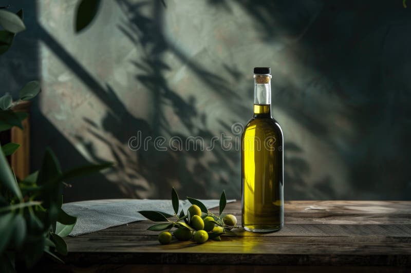 Rustic Olive Oil Bottle with Olive Branch on Dark Textured Background ...