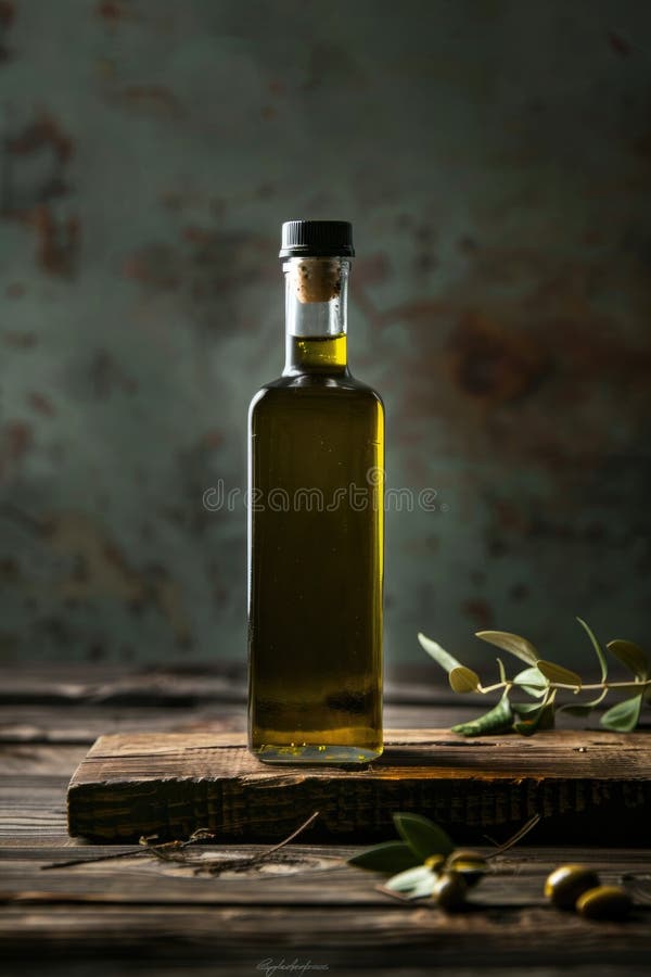 Rustic Olive Oil Bottle with Olive Branch on Dark Textured Background ...