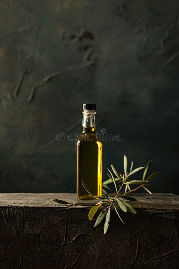 Rustic Olive Oil Bottle with Olive Branch on Dark Textured Background ...