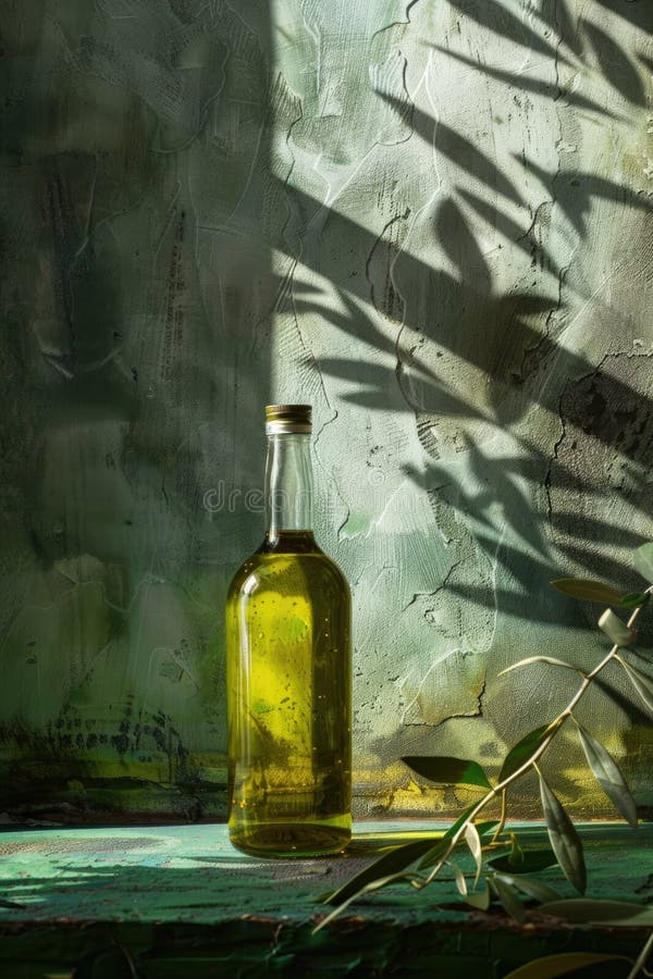 Rustic Olive Oil Bottle with Olive Branch on Dark Textured Background ...