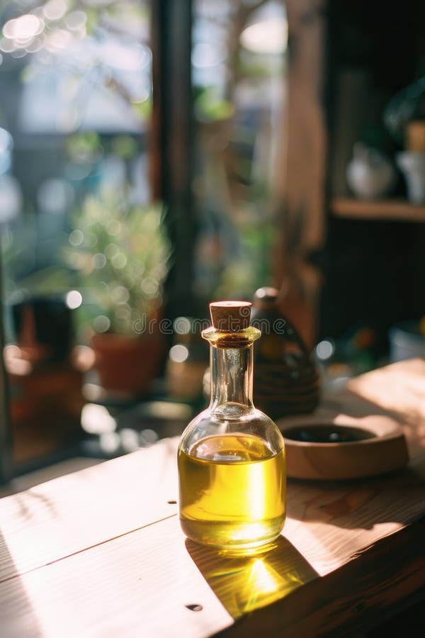 Rustic Olive Oil and Olives on Wooden Table in Sunlit Kitchen Stock ...
