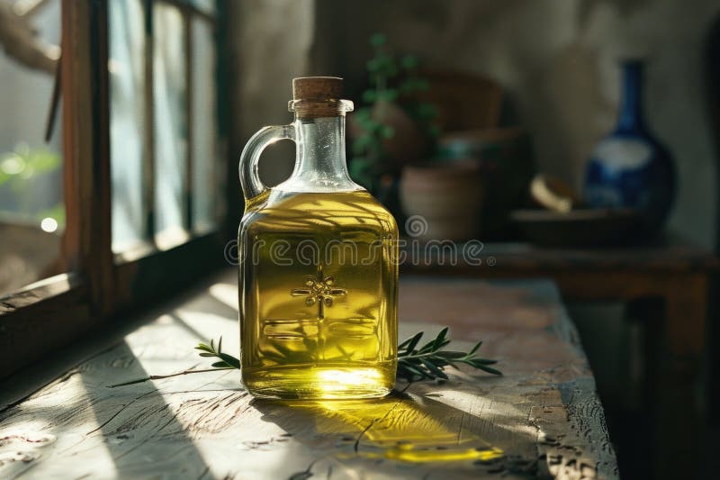 Rustic Olive Oil and Olives on Wooden Table in Sunlit Kitchen Stock ...
