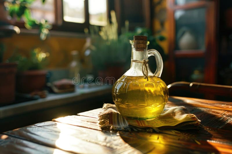 Rustic Olive Oil and Olives on Wooden Table in Sunlit Kitchen Stock ...