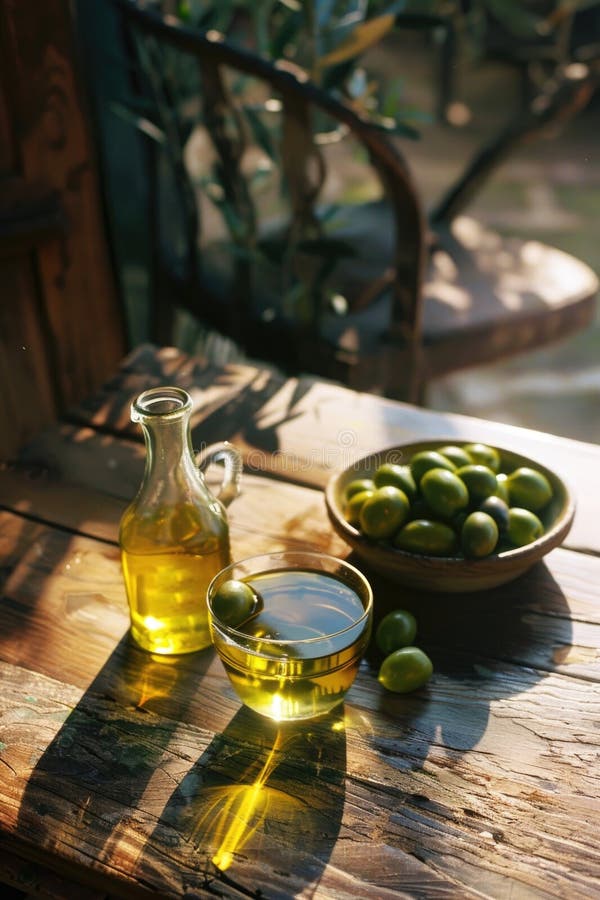 Rustic Olive Oil and Olives on Wooden Table in Sunlit Kitchen Stock ...