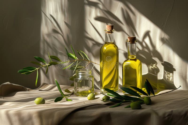 Rustic Olive Oil Still Life with Tree Branches and Fresh Olives Stock ...