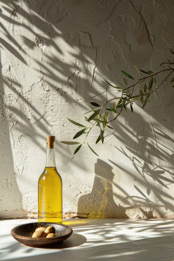 Rustic Olive Oil Still Life with Tree Branches and Fresh Olives Stock ...