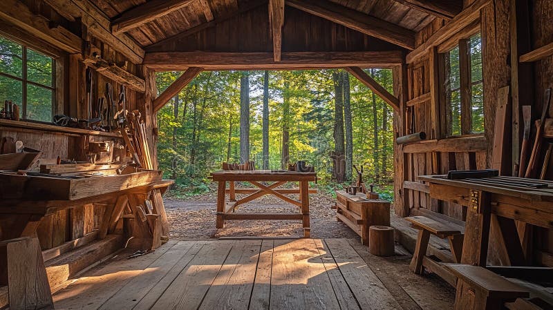 A Rustic Open-air Workshop with Wooden Benches, Tools, and a View of ...