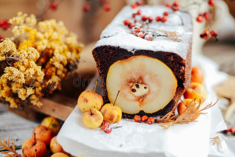 Rustic Open Apple and Pear Pie in Rustic Table Setting. Baked Pe Stock ...