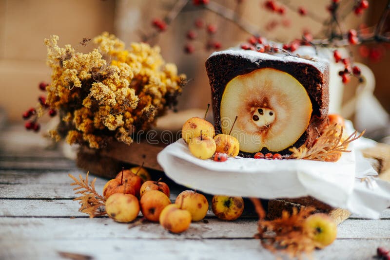 Rustic Open Apple and Pear Pie in Rustic Table Setting. Baked Pe Stock ...