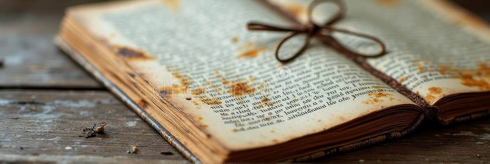 Rustic Open Book with Bow on Wooden Surface Stock Image - Image of ...
