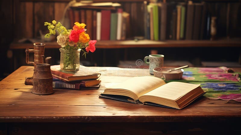 Rustic open book on table stock illustration. Illustration of homely ...