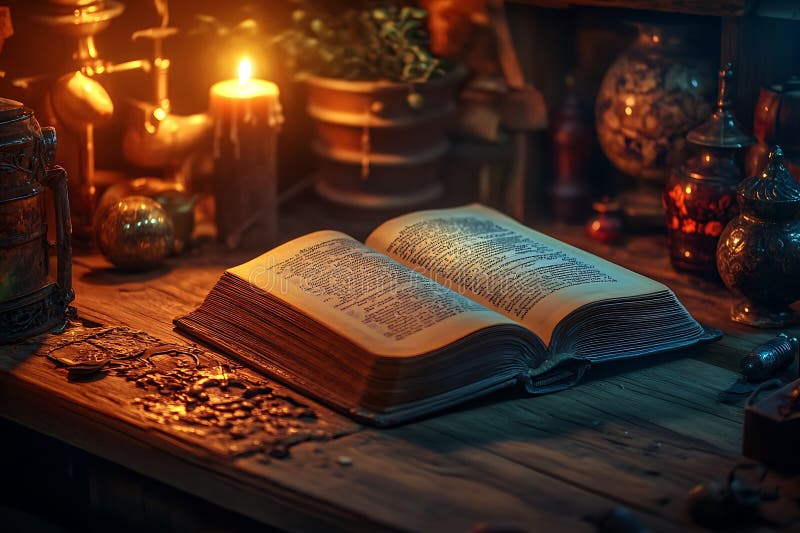 Rustic Open Book on a Wooden Table Surrounded by Antique Objects and ...