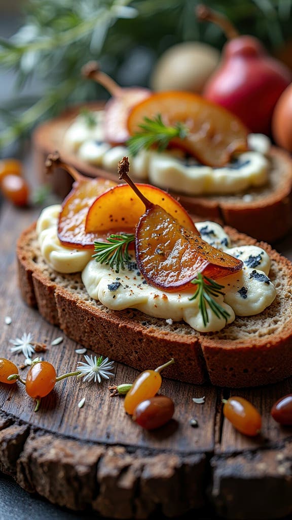 Rustic Open-faced Sandwich with Caramelized Pears and Fresh Herbs on ...