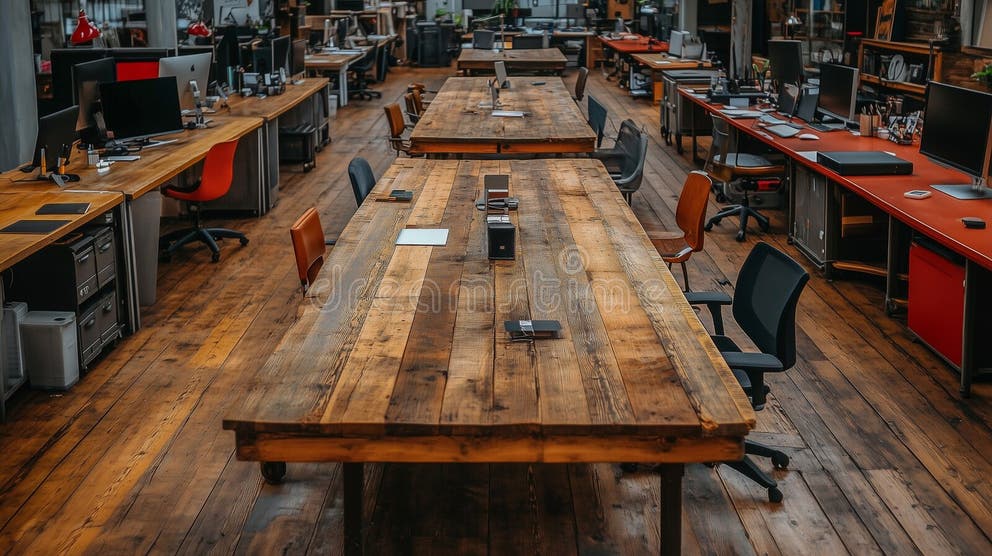 Rustic Open Office Space with Long Wooden Desks Stock Illustration ...