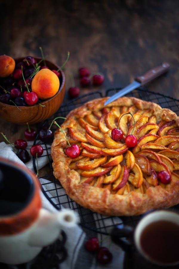 Rustic Open Peach Pie with Peach and Cherry Stock Photo - Image of ...