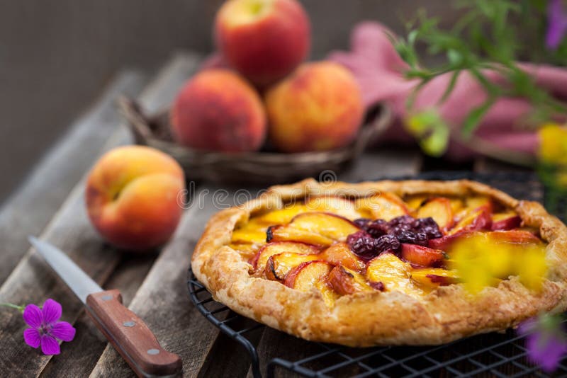 Rustic Open Pie Galette with Peach and Cherry Stock Photo - Image of ...
