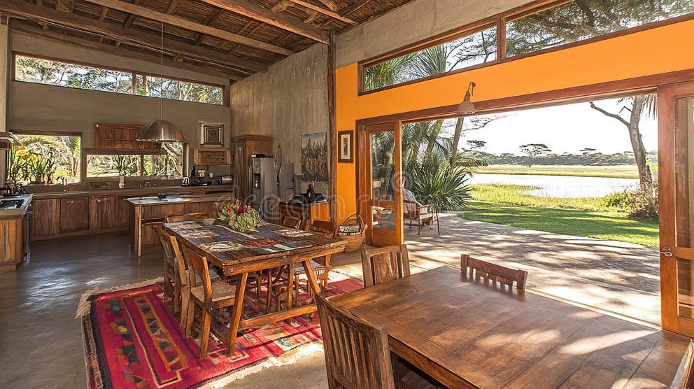 Rustic Open-plan Kitchen Dining Area Overlooking Lake Stock ...