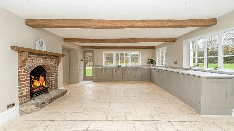 Rustic, Open-plan Kitchen with Exposed Beams, Brick Fireplace, and ...