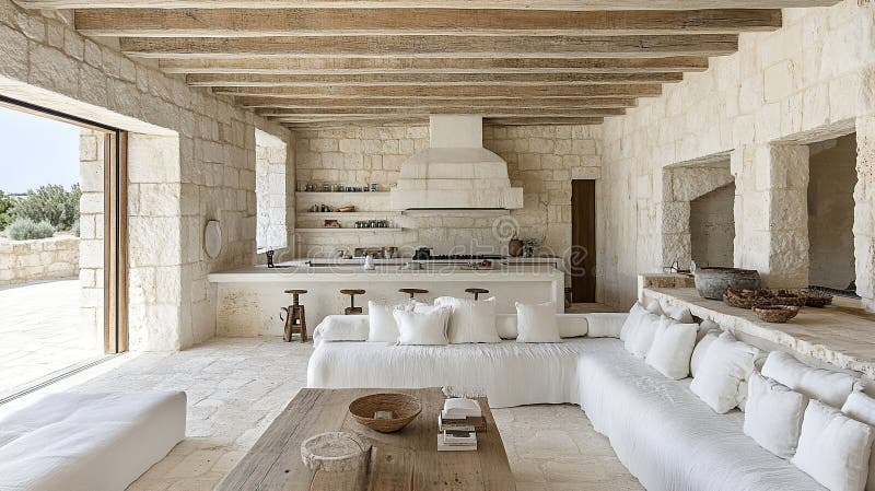 Rustic Open-plan Kitchen-living Area Overlooking Olive Grove Stock ...