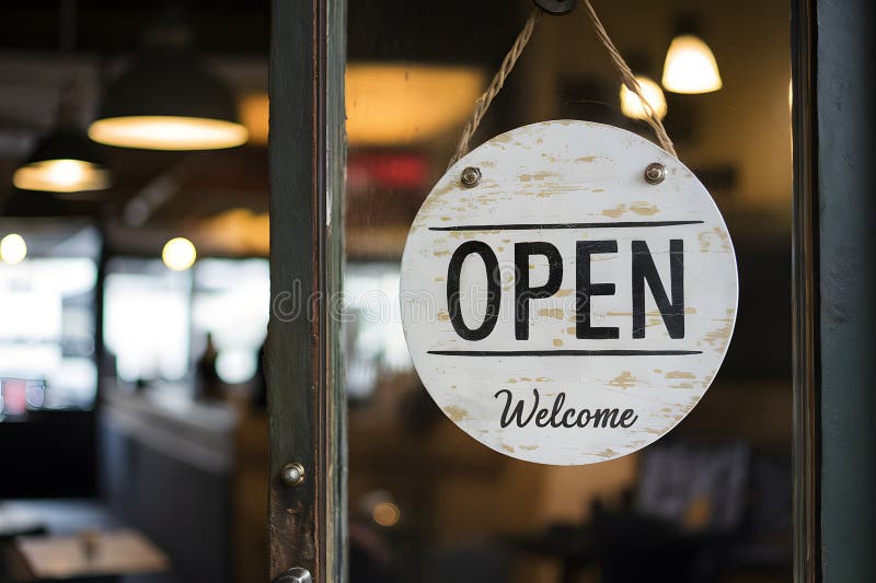 Rustic OPEN Sign on Glass Door, Welcoming Cafe Interior Blurred in ...