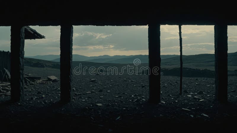 Rustic Open Structure Framing a Vast, Desolate Landscape Under a Cloudy ...