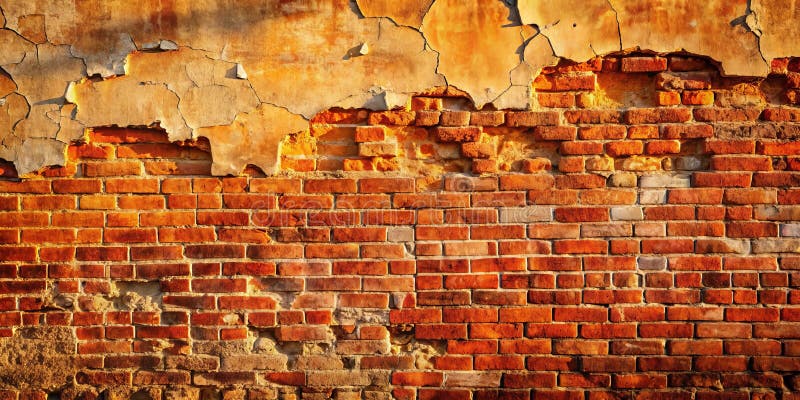 Rustic Orange Brick Wall Texture with Aged Plaster Showing Significant ...
