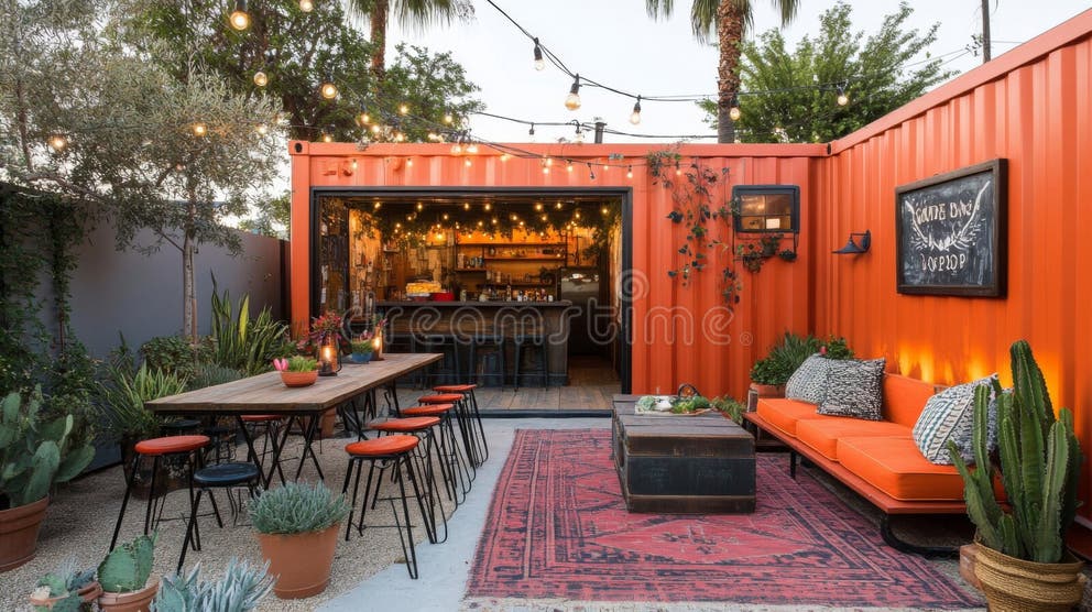 Rustic Orange Container Bar Patio with String Lights Stock Illustration ...