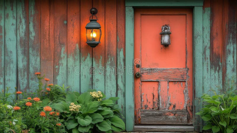 Rustic Orange Door with Weathered Wood and Blooming Flowers Stock ...