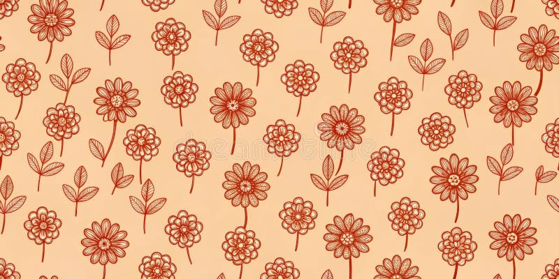 Rustic Orange Floral Pattern Featuring Hand-drawn Blossoms and Leaves ...