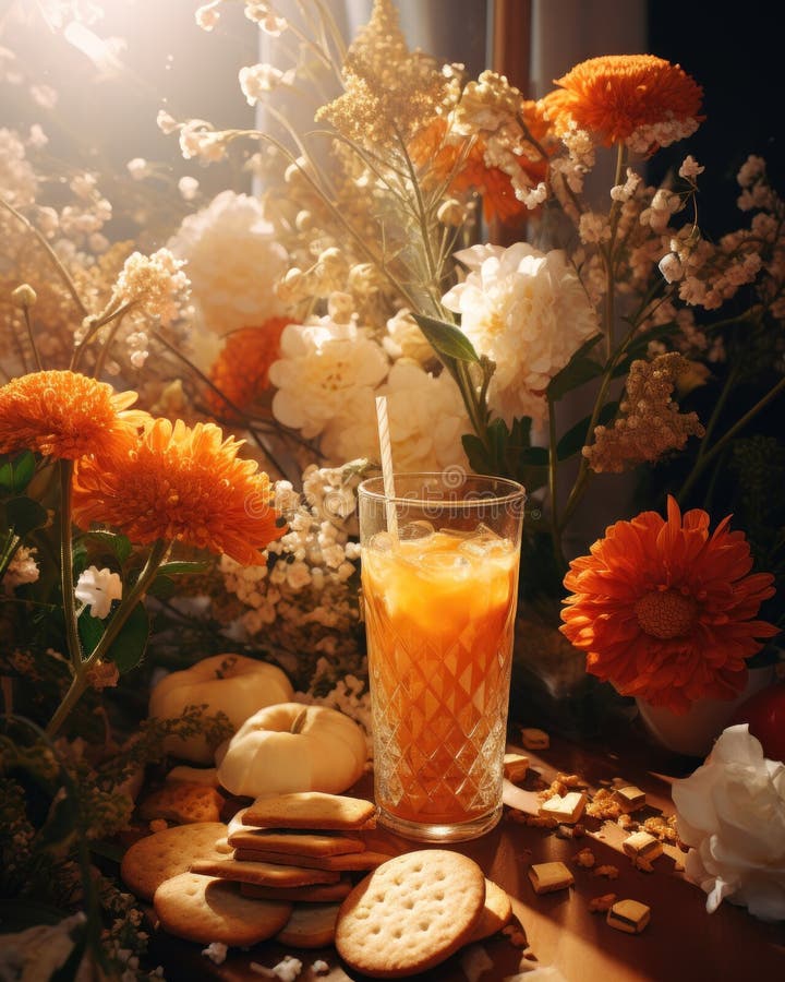 Rustic Orange Flowers and Refreshing Beverage Setup. Generative AI ...