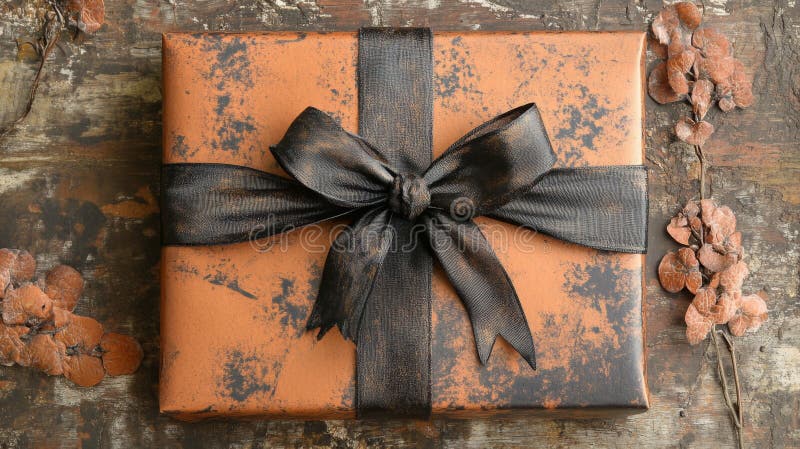 Rustic Orange Gift Box with Black Ribbon Bow Stock Illustration ...