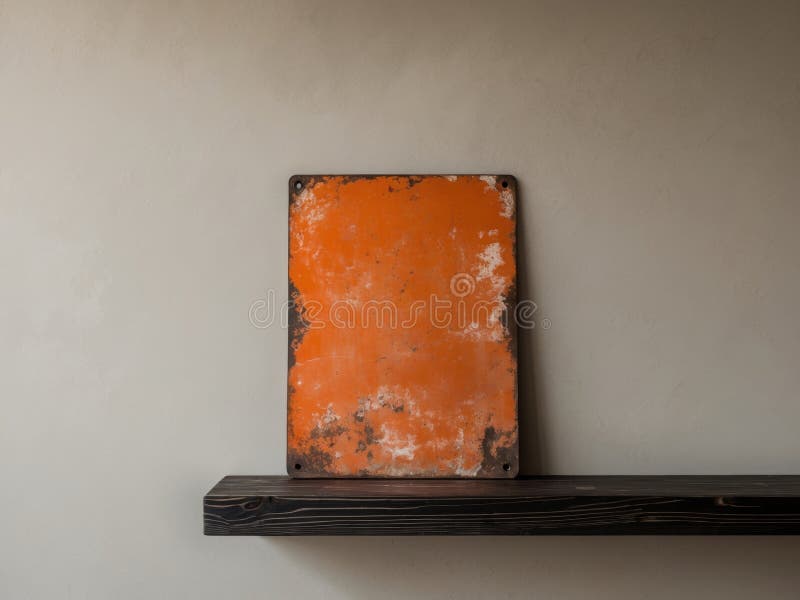 Rustic Orange Metal Signboard on Dark Wood Shelf. Stock Image - Image ...