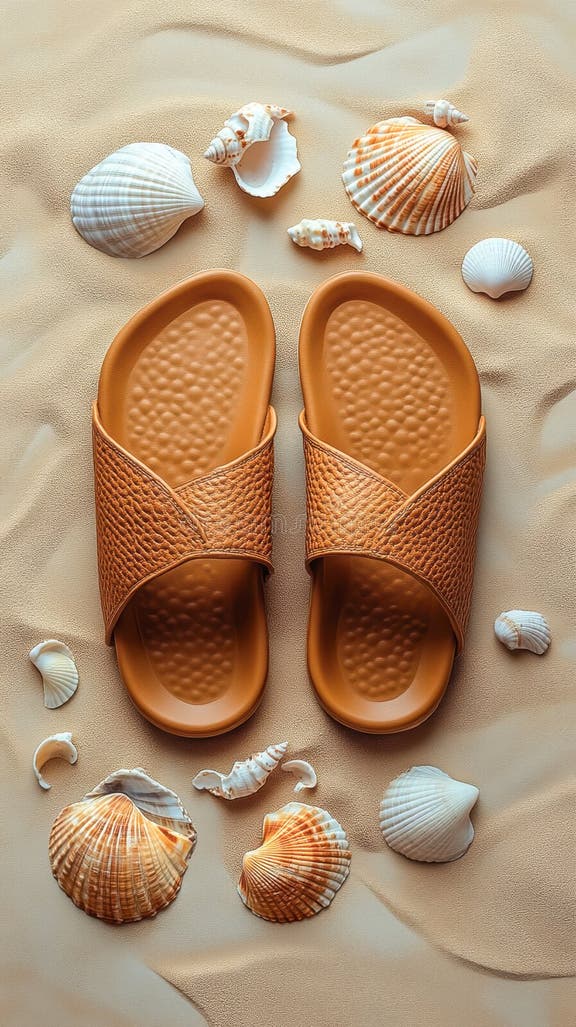 Rustic Orange Sandals with Decorative Shells on a Sandy Beach Stock ...