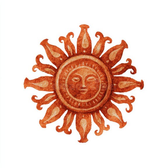 Rustic Orange Sun Illustration with Face and Stylized Rays Stock ...