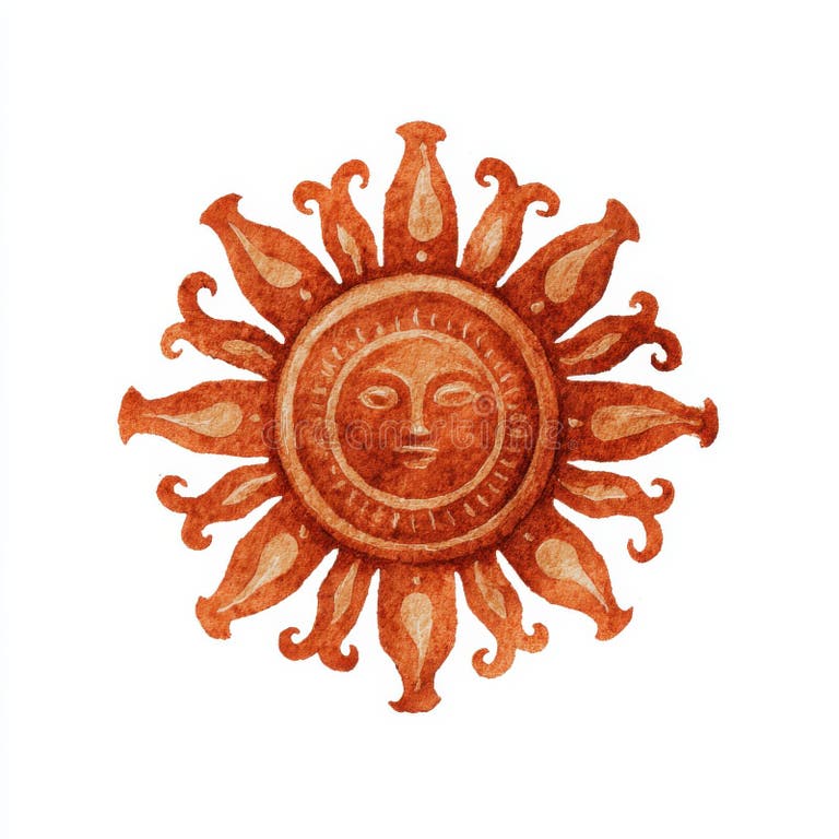 Rustic Orange Sun Illustration with Face and Stylized Rays Stock ...