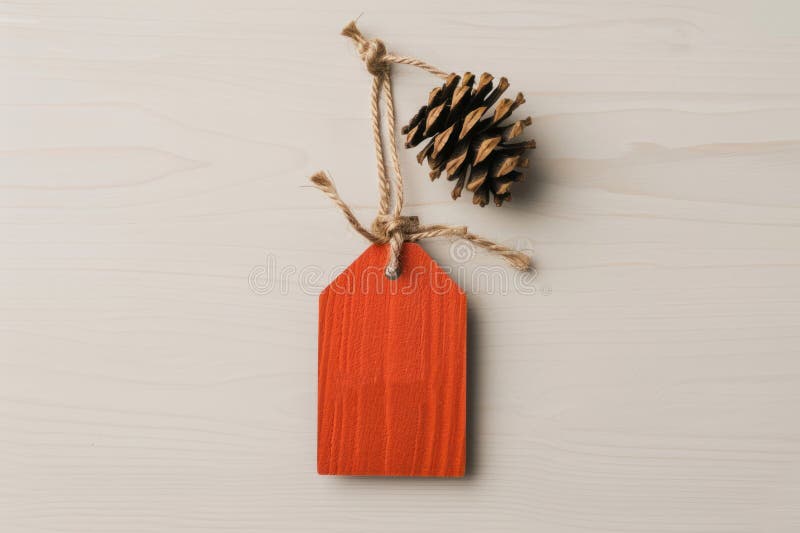 A Rustic Orange Tag and Pine Cone Arranged on a Light Wooden Surface ...