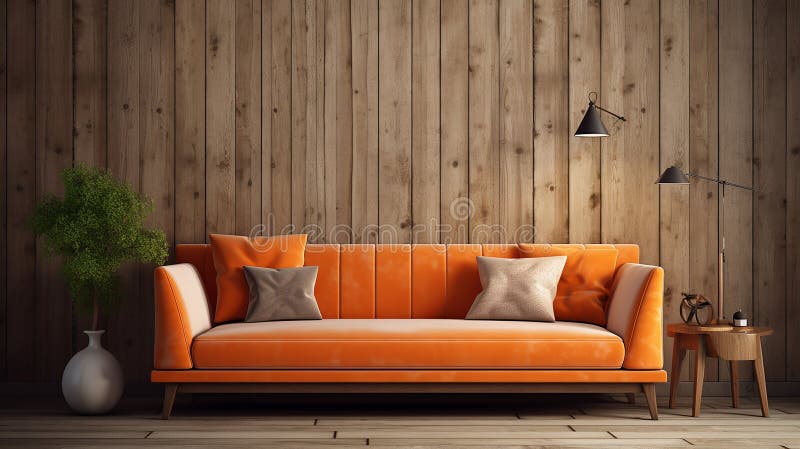 Rustic Orange Velvet Sofa Near Wooden Panelling Wall Stock Image ...