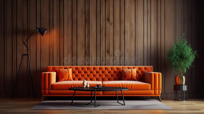 Rustic Orange Velvet Sofa Near Wooden Panelling Wall Stock Image ...