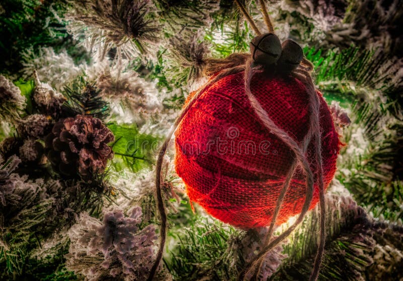 Rustic Ornament Made of Burlap on Christmas Tree. Stock Image - Image ...