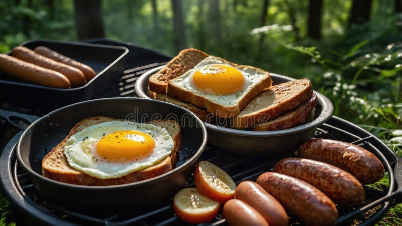 A Rustic Outdoor Breakfast Featuring Eggs, Sausages, and Toast in a ...