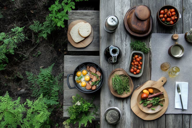 Rustic Outdoor Breakfast Setup with Eggs, Sausage, Fresh Herbs ...