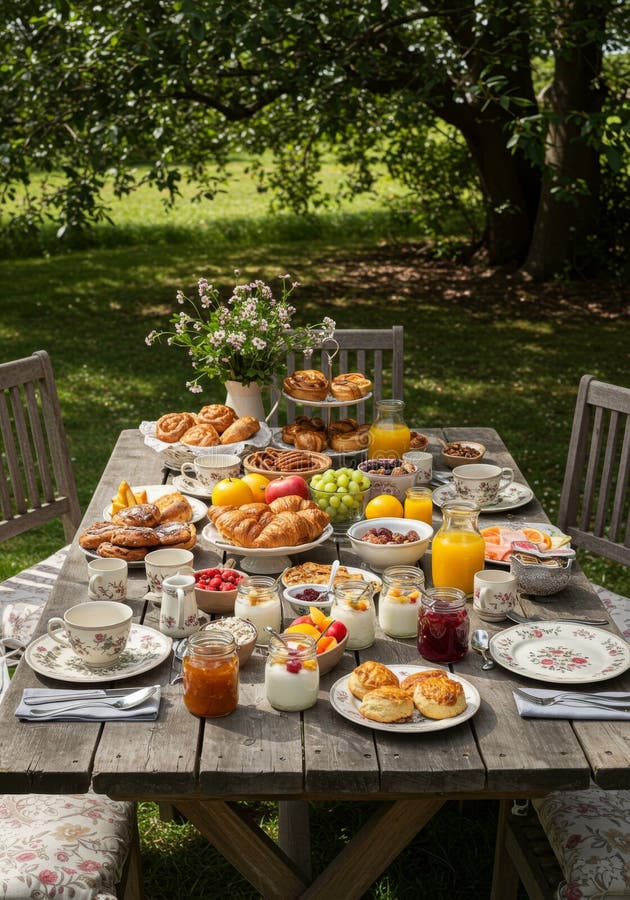 Rustic Outdoor Breakfast Table with Abundant Food Stock Illustration ...