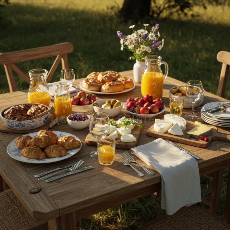 Rustic Outdoor Breakfast Table with Pastries and Fruit Stock ...