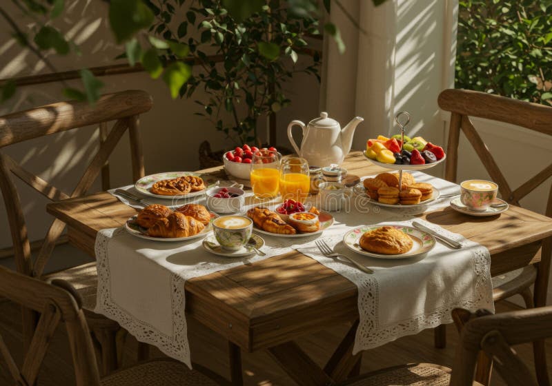 Rustic Outdoor Breakfast Table with Pastries and Fruit Stock ...