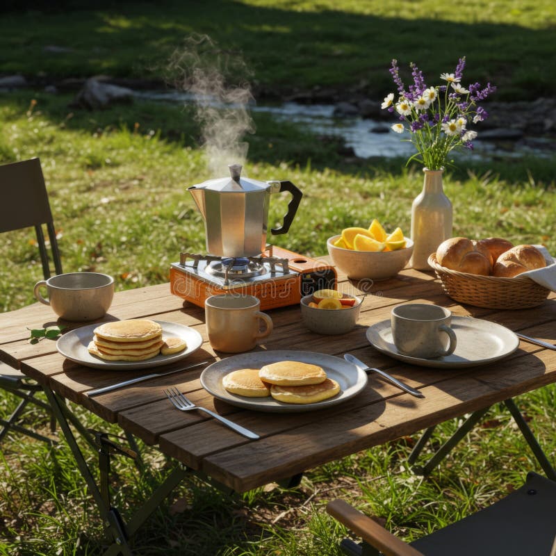 Rustic Outdoor Breakfast Table Setting Near Stream Stock Illustration ...