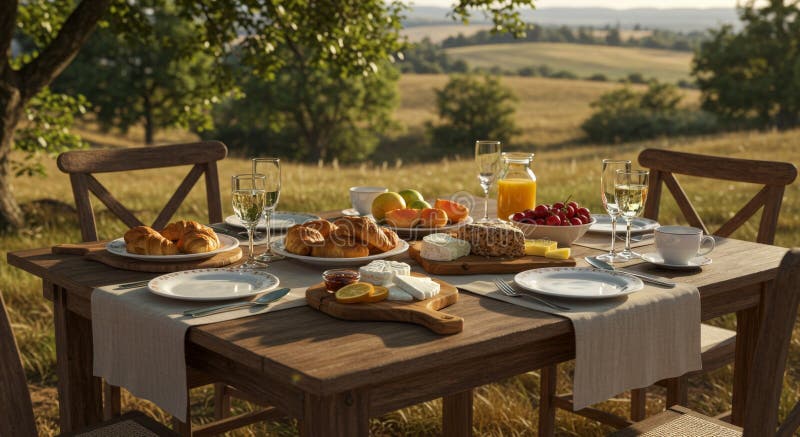 Rustic Outdoor Breakfast Table Setting with Pastries and Fruit Stock ...