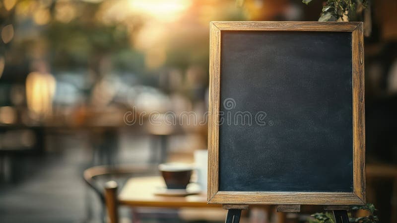 Rustic Outdoor Cafe Scene with Blank Chalkboard Sign at Sunset Stock ...